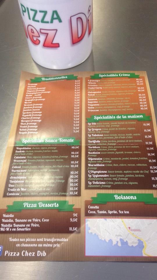 Menu at Pizza Chez Dib restaurant, Marseille