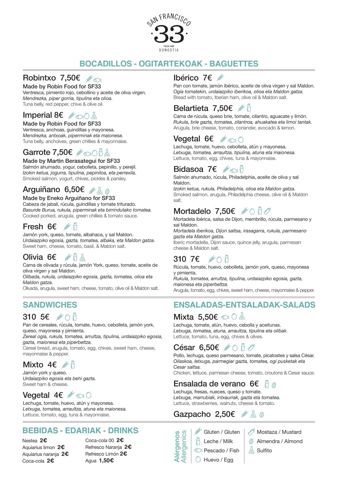 Menu at San Francisco 33 pub & bar, San Sebastián, C. Jose Miguel ...