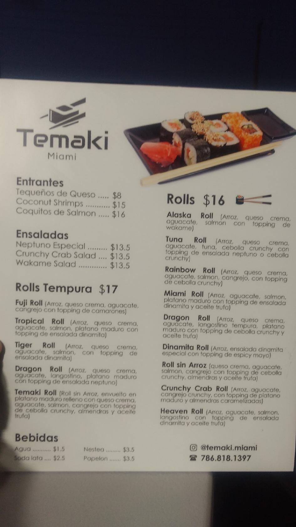 Menu at Temaki Sushi FoodTruck Doral restaurant, Medley