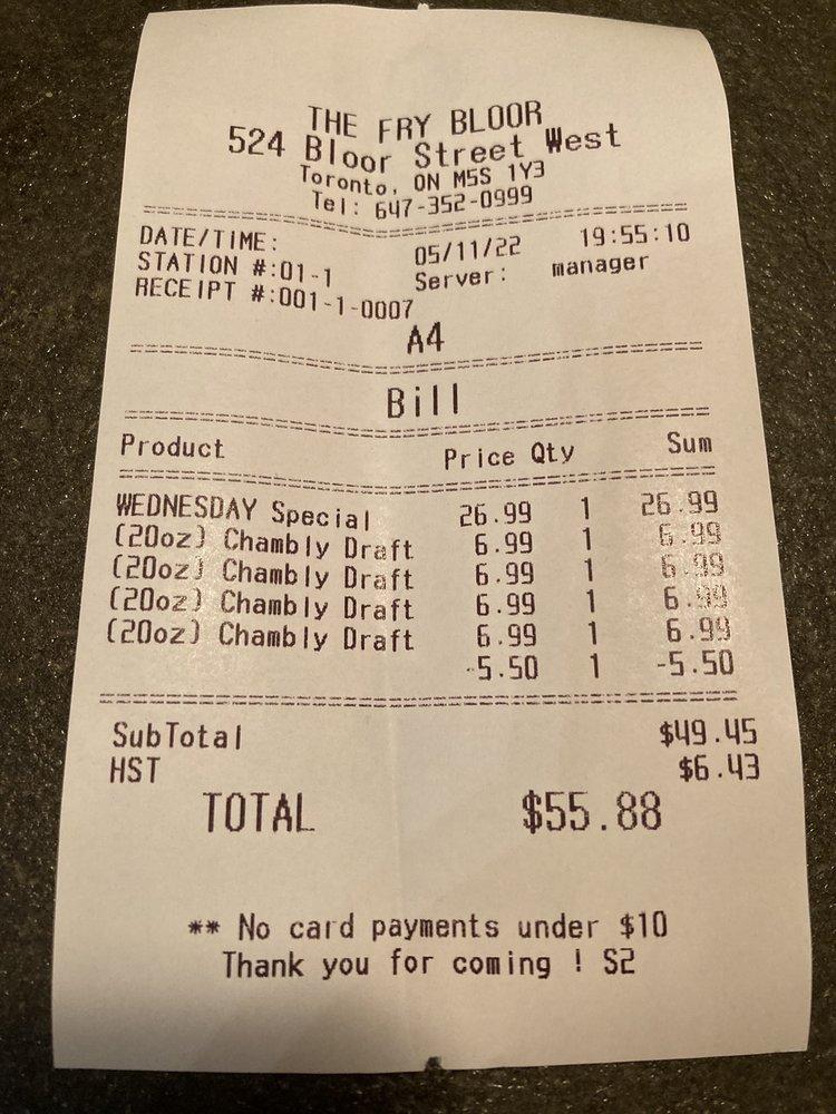 Menu at The Fry restaurant, Toronto, 524 Bloor St W