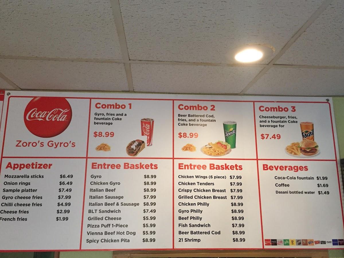 Menu at Zoro's Gyros restaurant, Dubuque