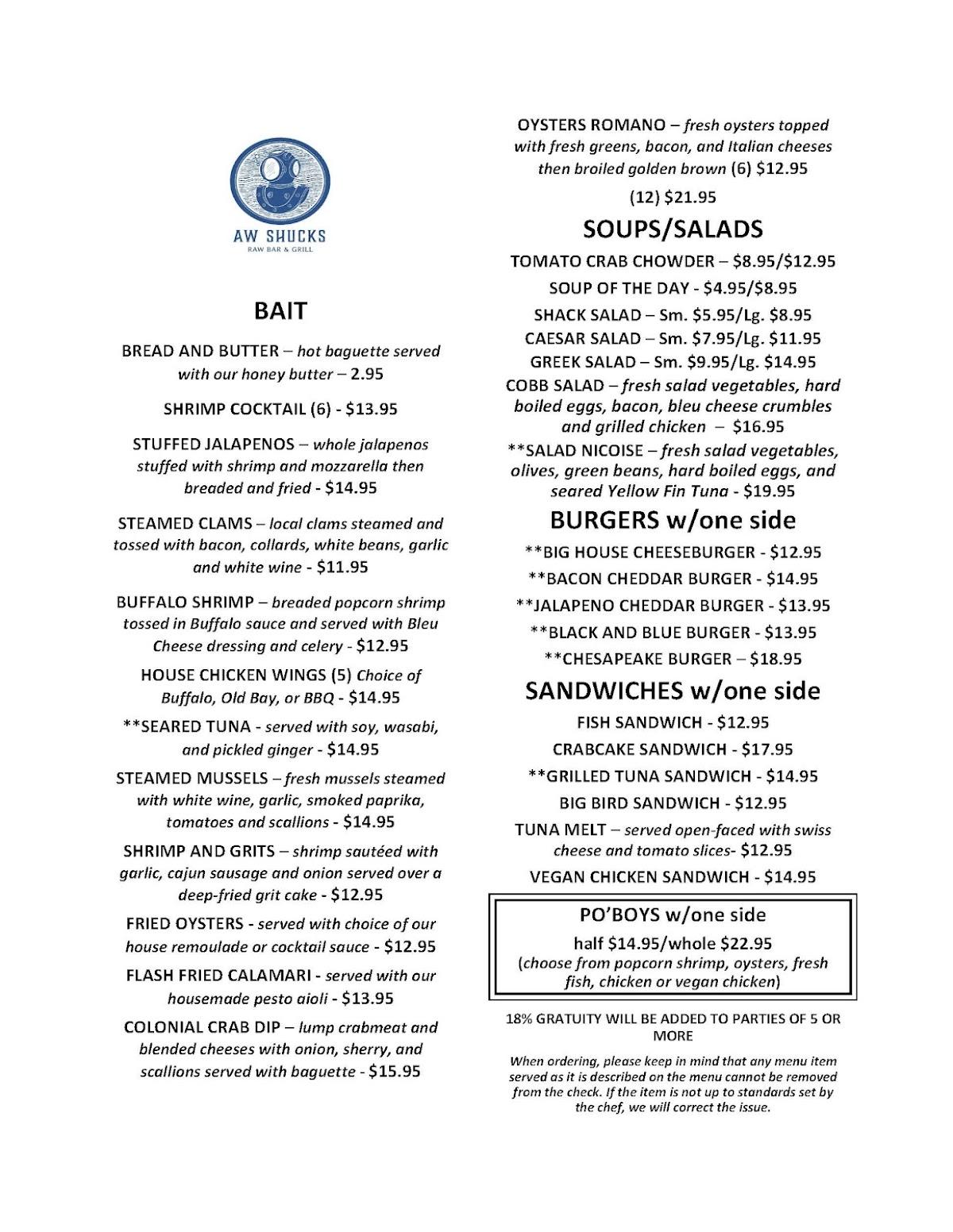 Menu at A W Shucks Raw Bar & Grill, Norfolk