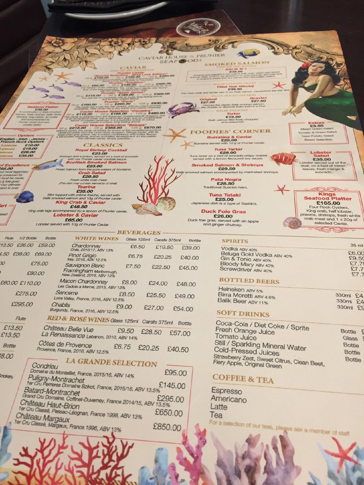 Menu at Caviar House & Prunier Seafood Bar, Harmondsworth, Heathrow Airport