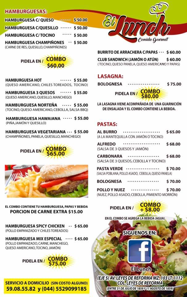Carta del restaurante El Lunch, Ciudad del México