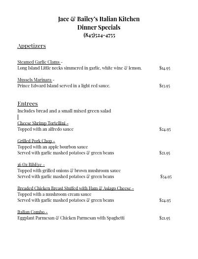 Menu at Jace & Bailey's Italian Kitchen restaurant, Pine Bush
