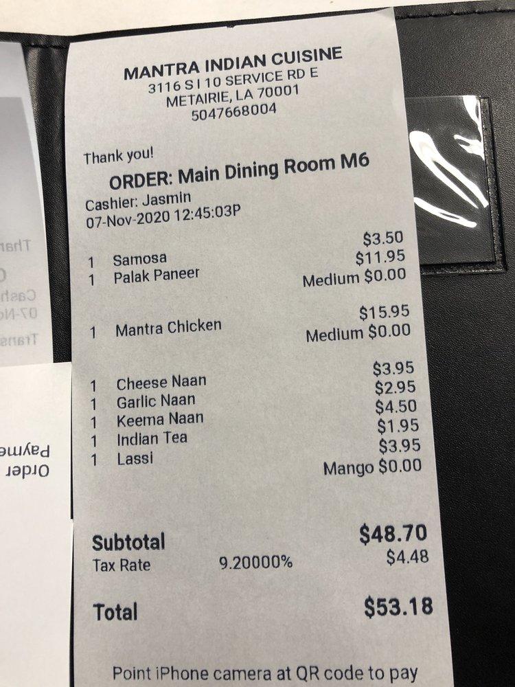 Menu at Mantra Indian Cuisine restaurant, Metairie