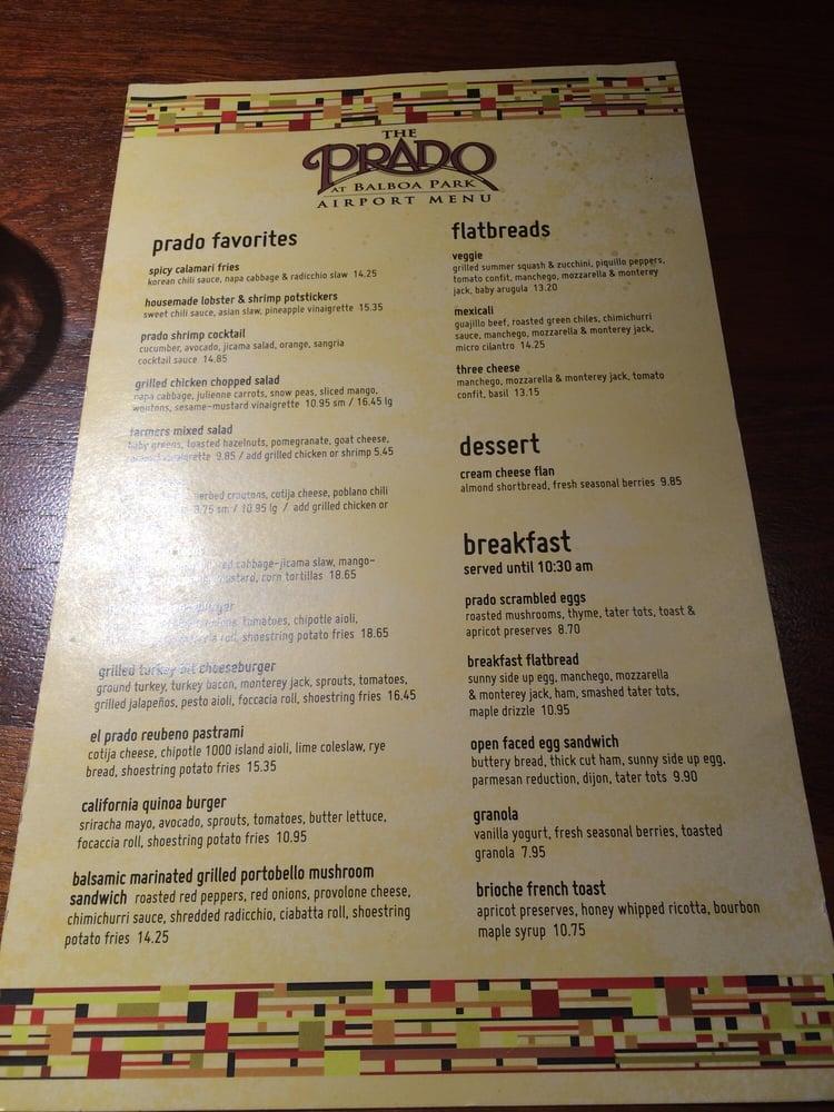 Menu at Prado at the Airport pub & bar, San Diego