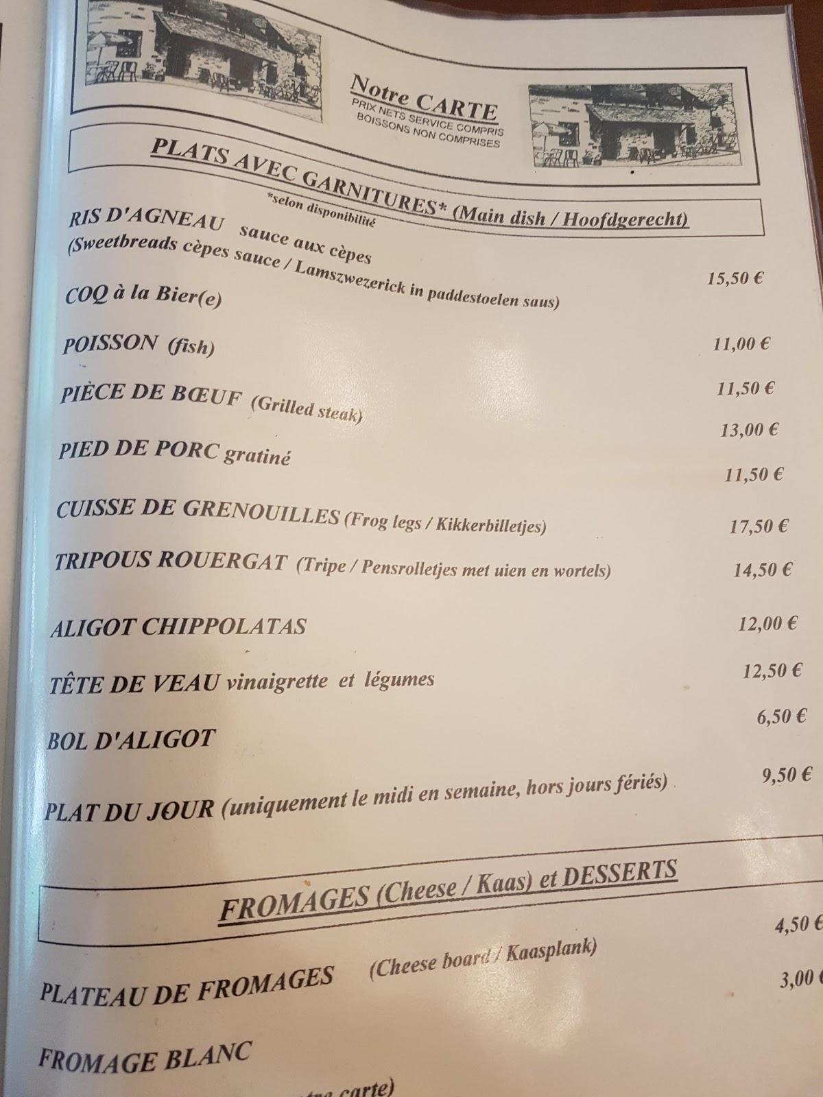 Menu at Restaurant Chez Marie, Grand-Vabre, Le Bourg