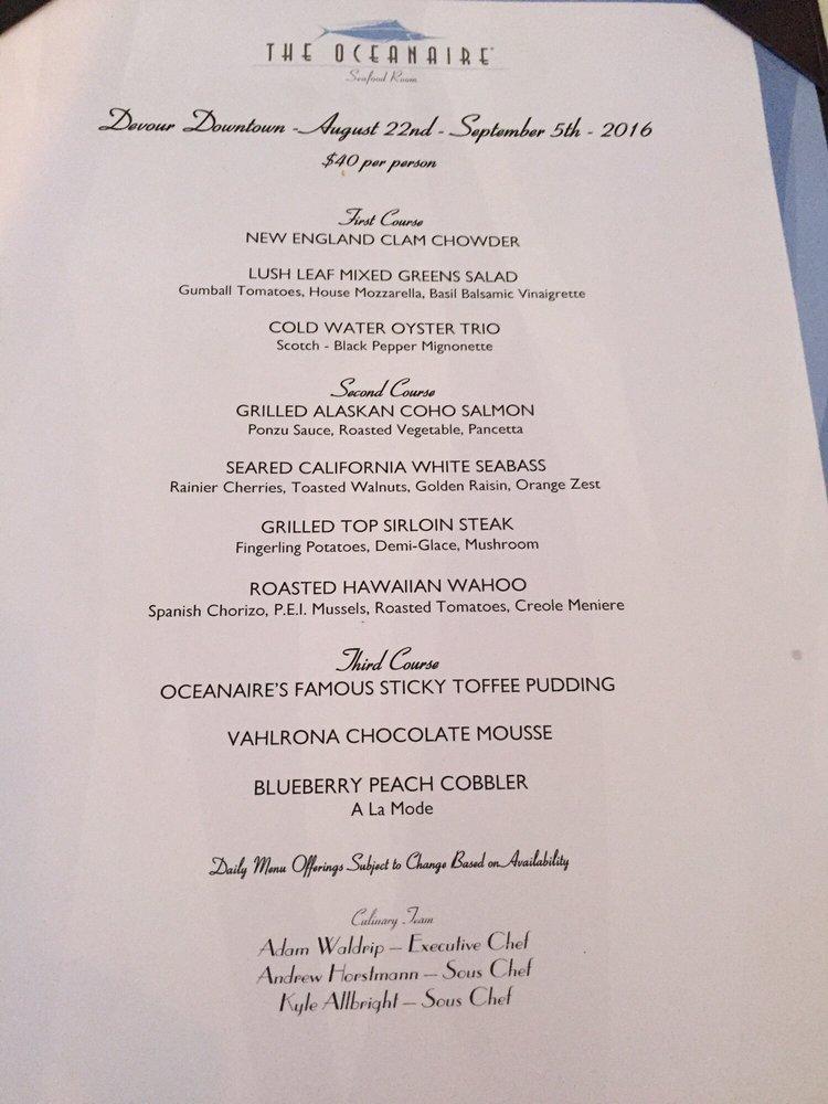 Menu at The Oceanaire Seafood Room restaurant, Indianapolis