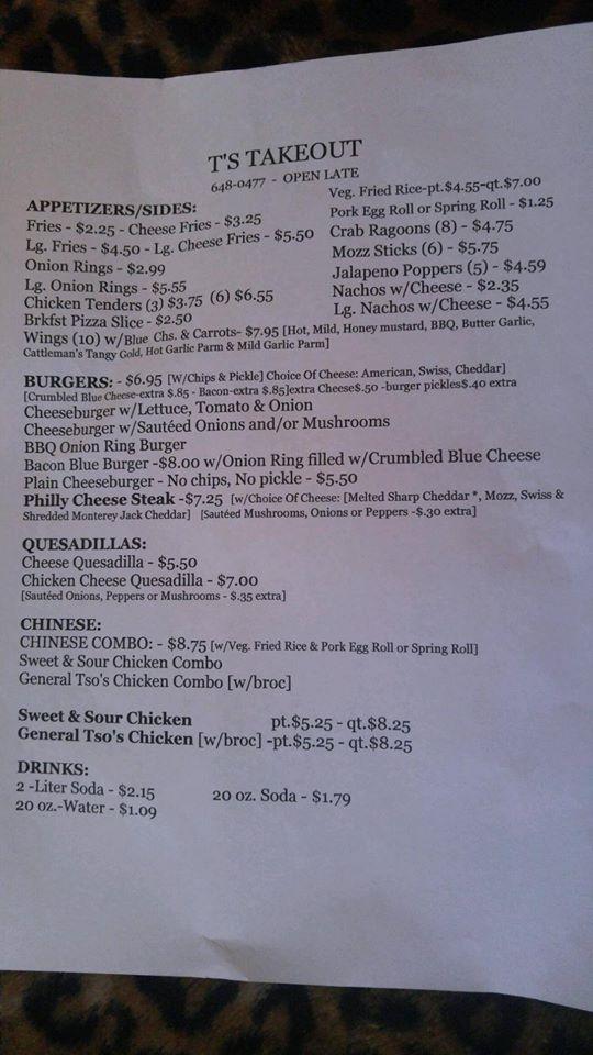 Menu at T's Take Out restaurant, Indian Lake