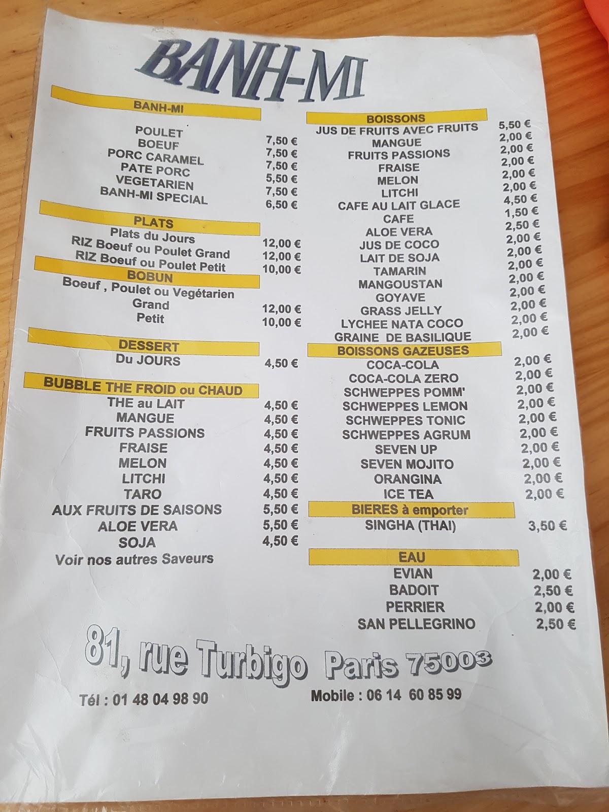 Menu au Banh Mi restaurant, Paris, 81 R. de Turbigo