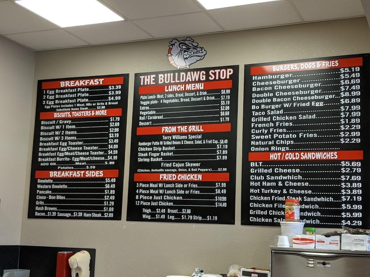 Menu at Bulldawg Stop cafe, Carthage