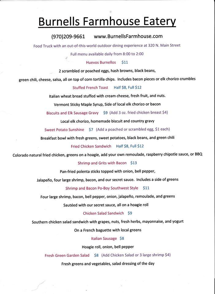 Menu at Burnell's restaurant, Gunnison, 200 Spencer Ave
