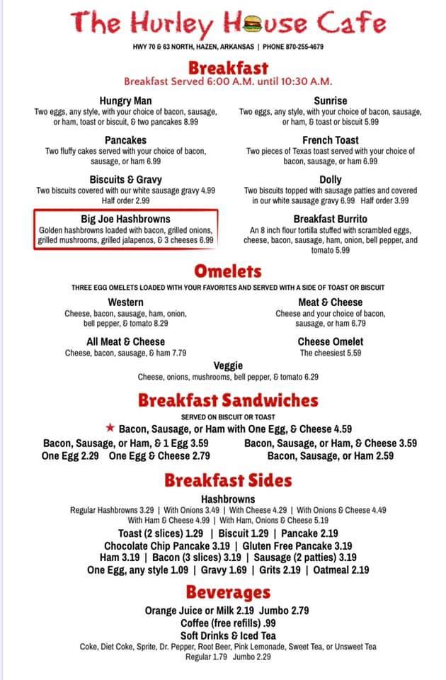 Menu at Hurley House Cafe, Hazen