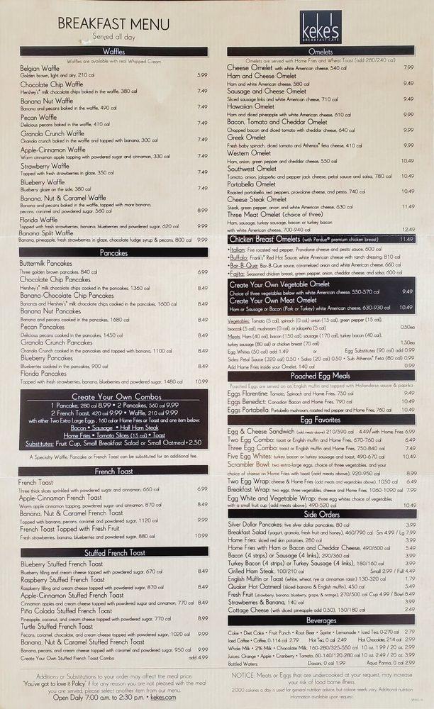 Menu at Keke's Breakfast Cafe, Saint Johns, 450 Durbin Pavilion Dr Ste E106