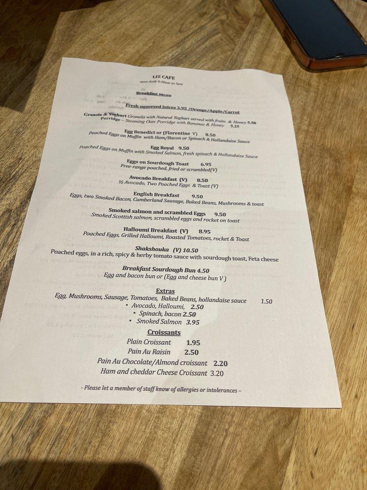 Menu at Liz Café cafe, London