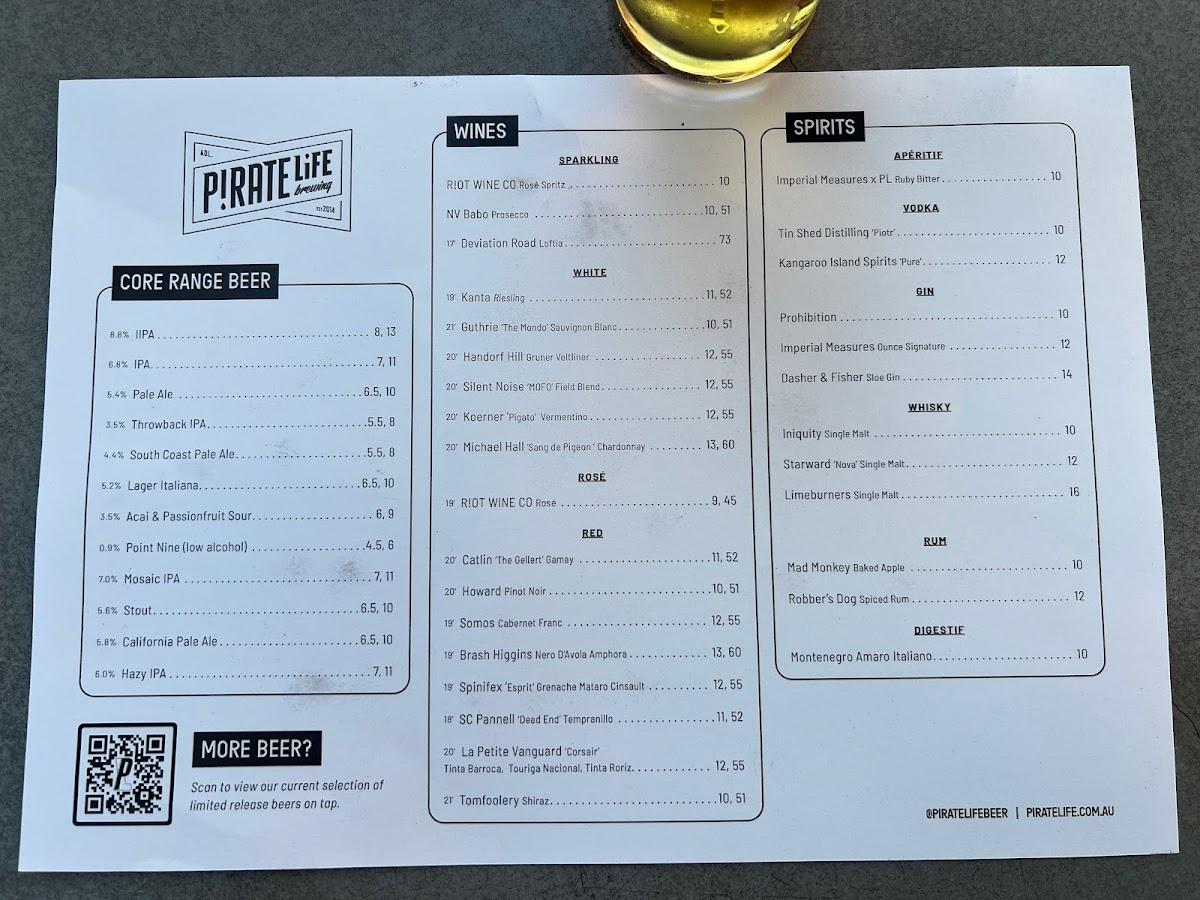 Menu at Pirate Life Brewing pub & bar, Port Adelaide