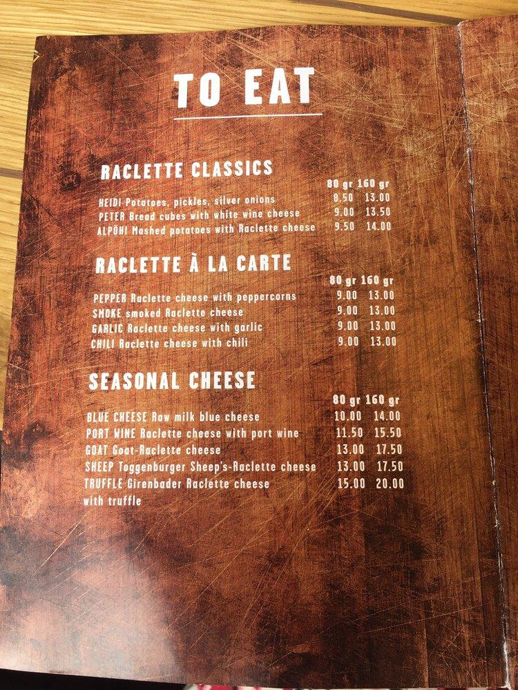 Menu at Raclette Factory, Zürich
