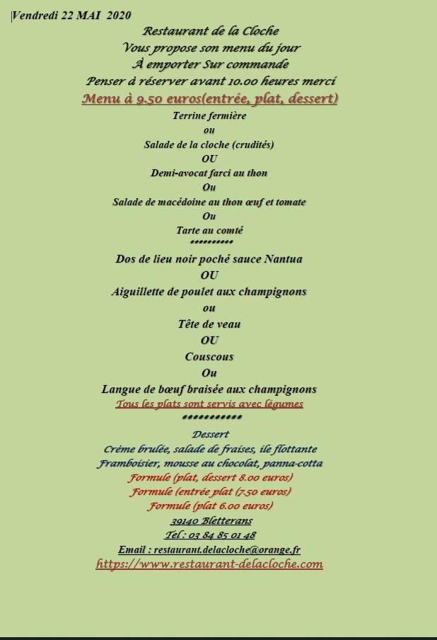 Menu au restaurant de la cloche, Bletterans