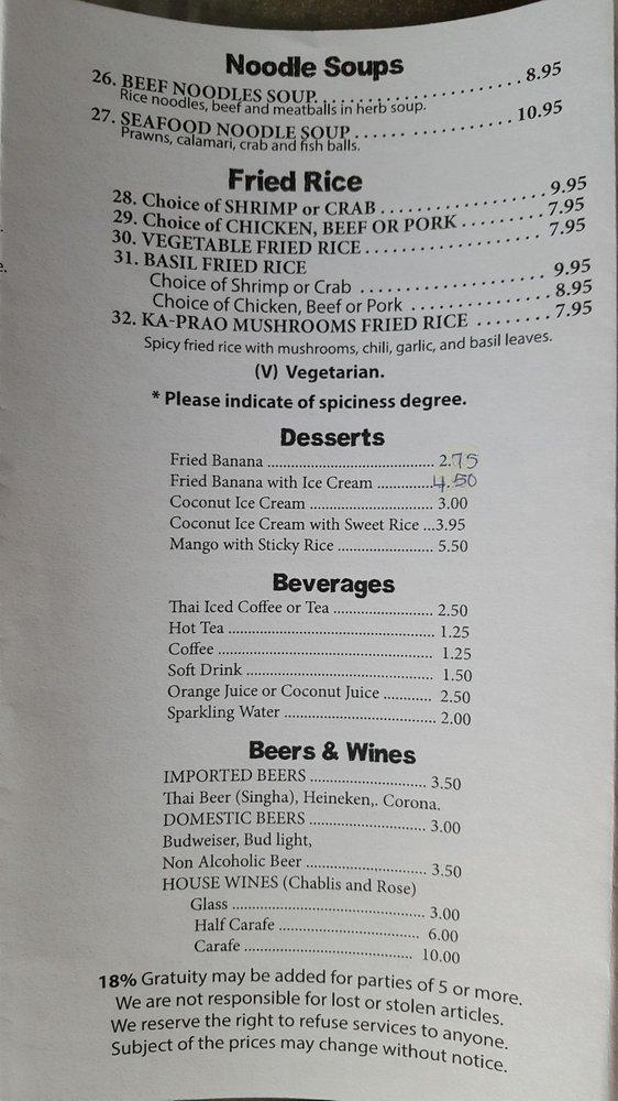 Menu at Siam Palace Thai Cuisine restaurant, Hayward