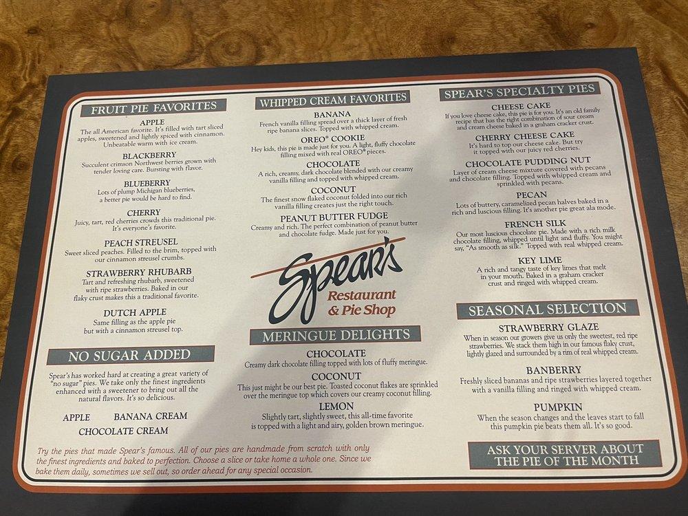 Menu at Spear's Restaurant & Pie Shop, Wichita, W Maple St