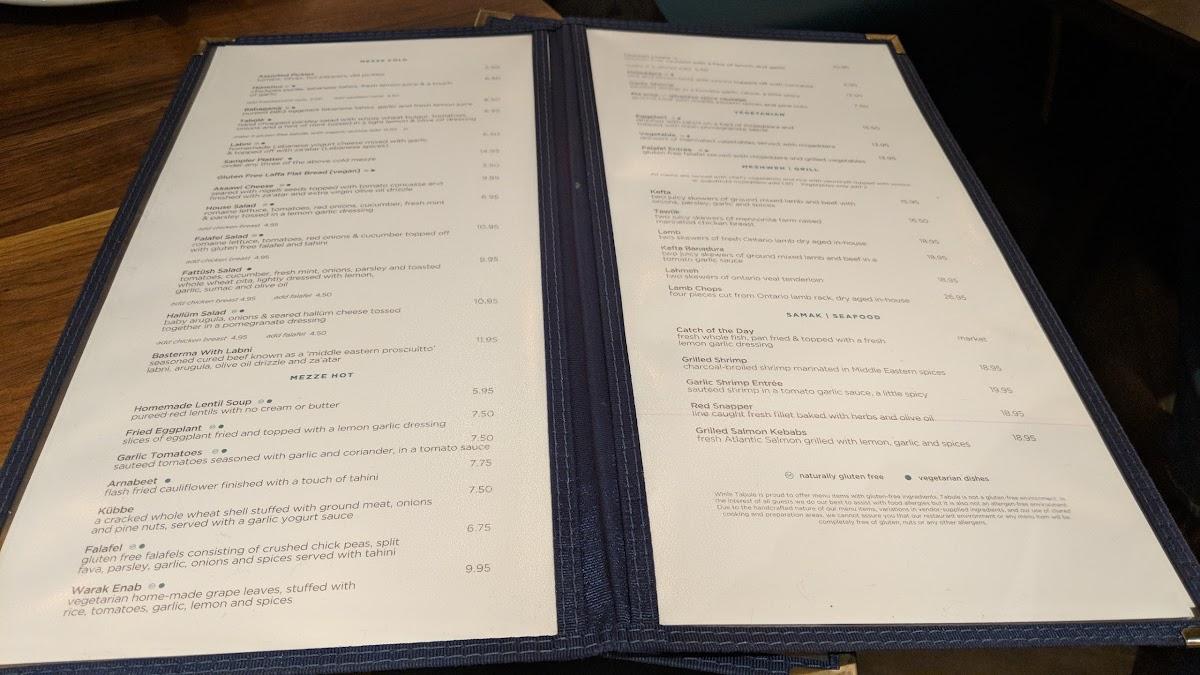 Menu at Tabule Bayview Village restaurant, Toronto, Bayview Ave