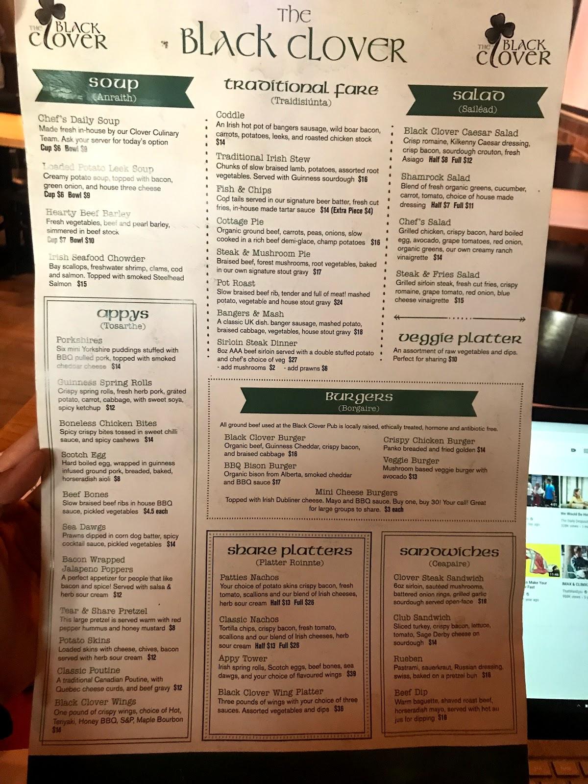 Menu at The Black Clover pub & bar, Prince George, 5 Ave