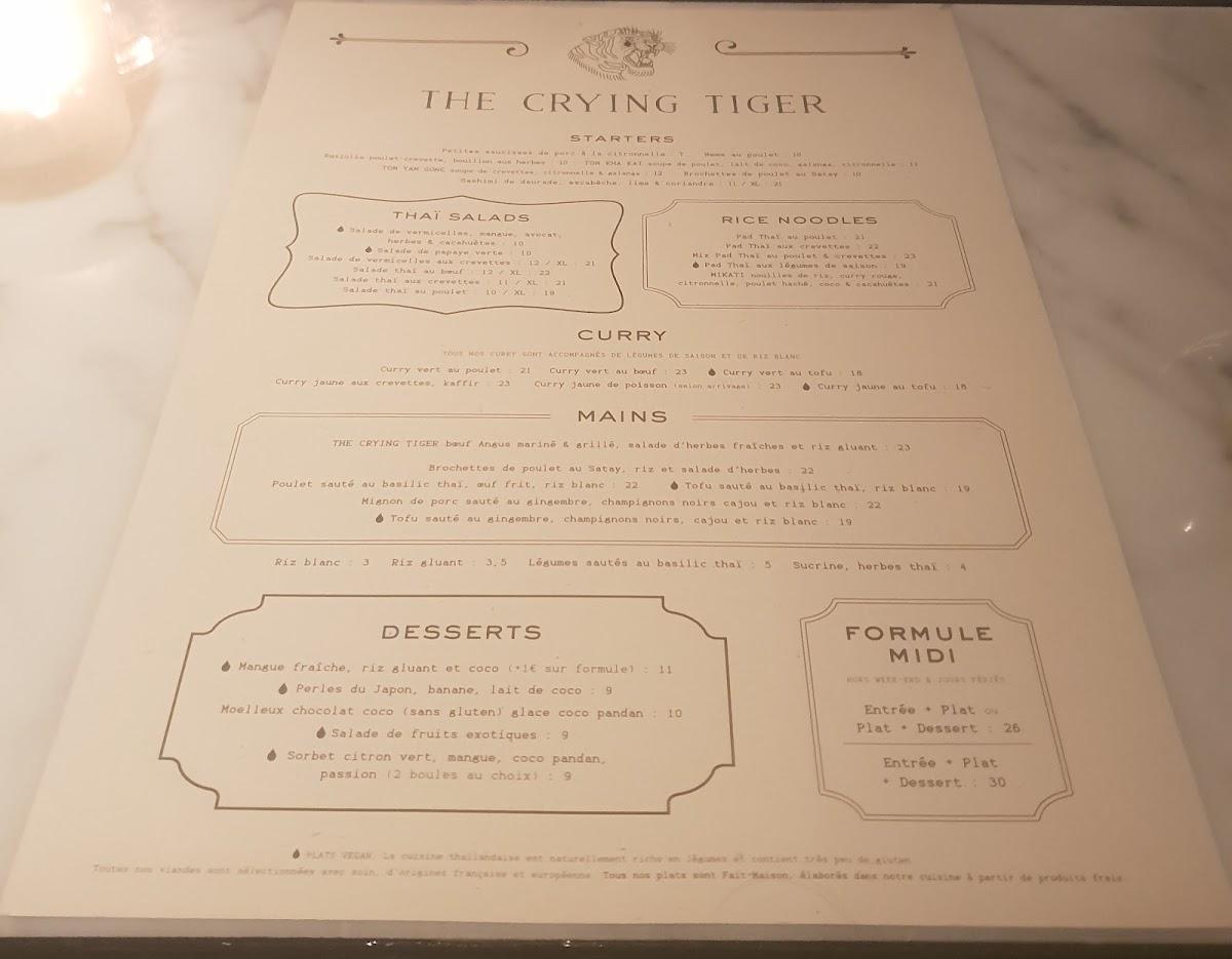 Menu at The Crying Tiger restaurant, Paris