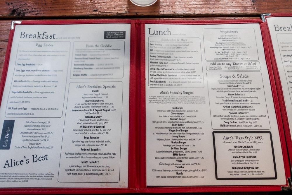 Menu at Alice's Restaurant, Woodside, Skyline Blvd