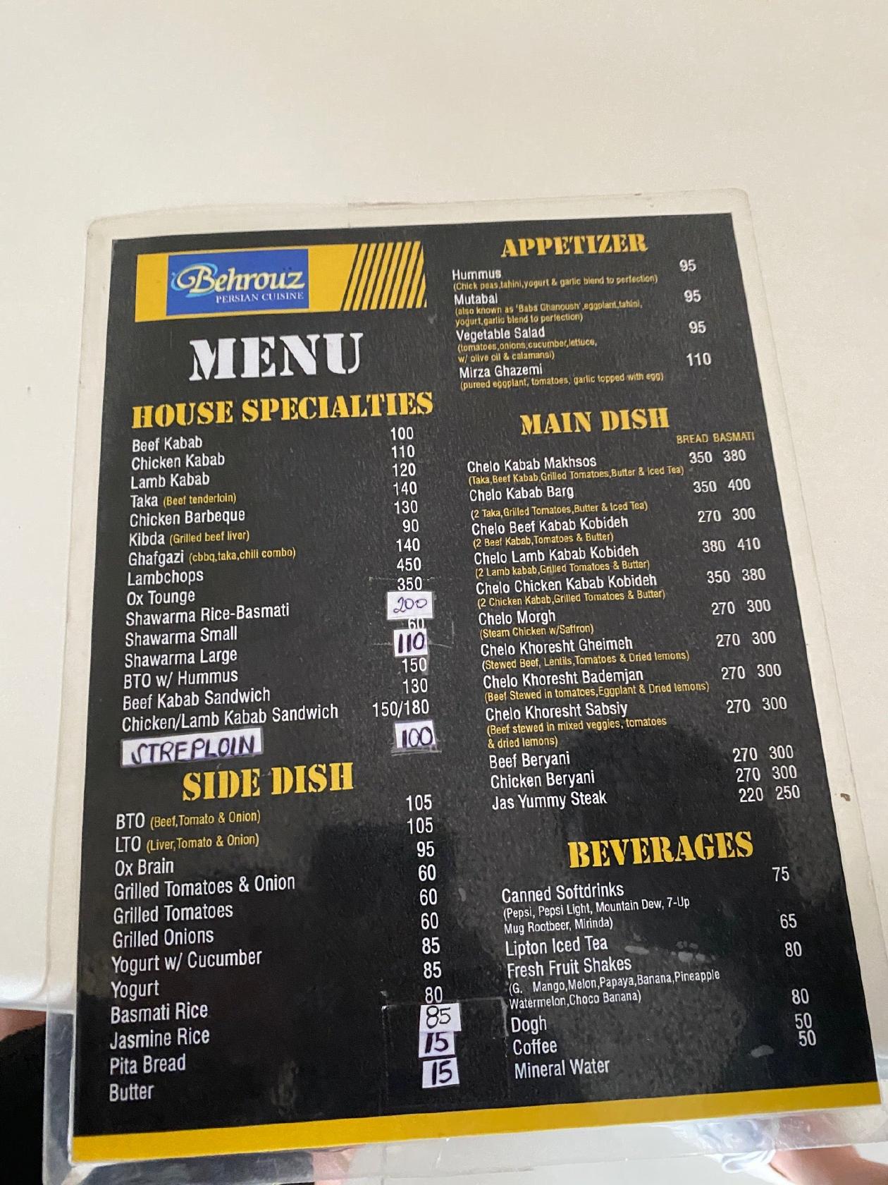 Menu at Behrouz Persian Cuisine restaurant, Quezon City, 50 Sct. Tobias St
