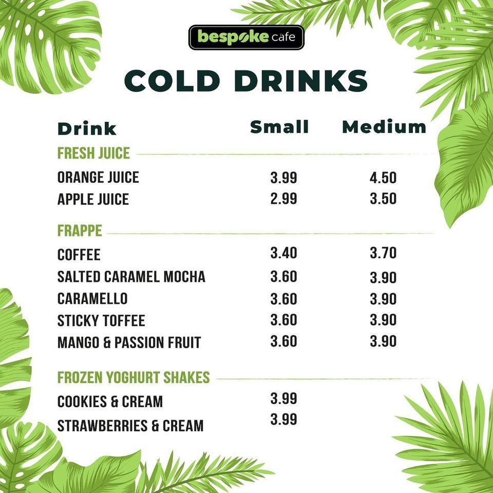 Menu at Bespoke cafe, London