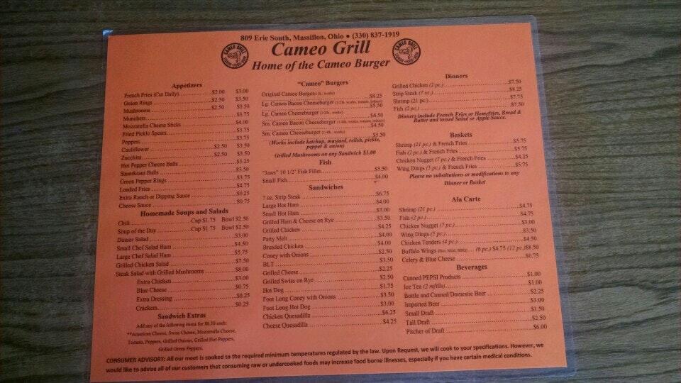 Menu at Cameo Grill pub & bar, Massillon