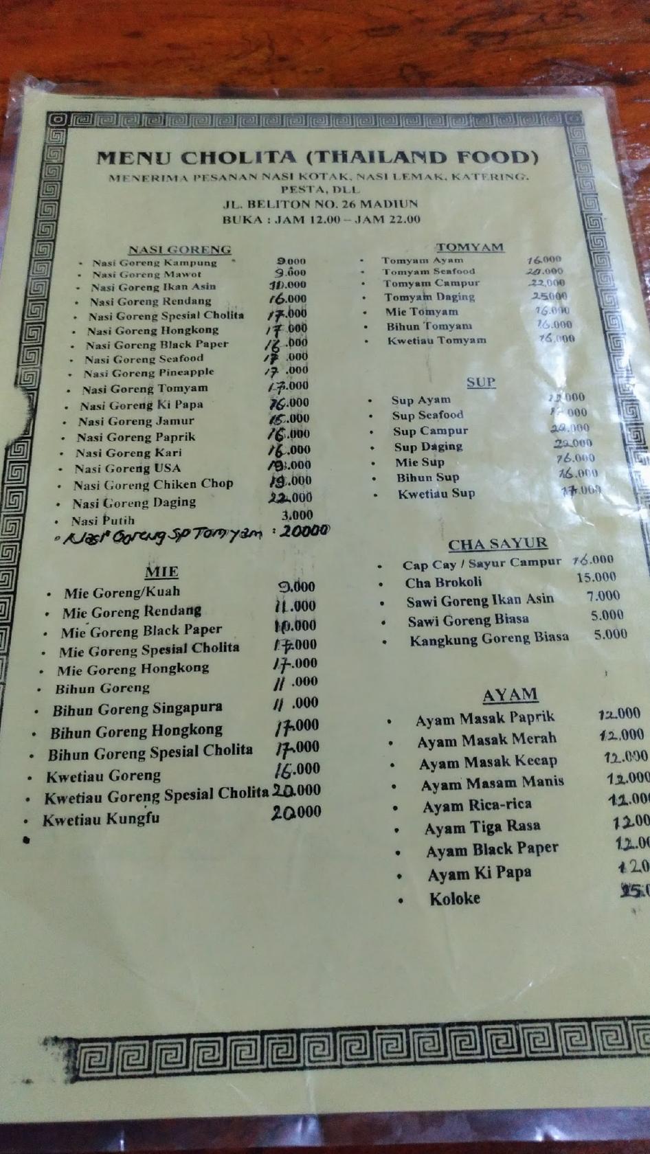 Menu at Cholita Thailand Food restaurant, Madiun