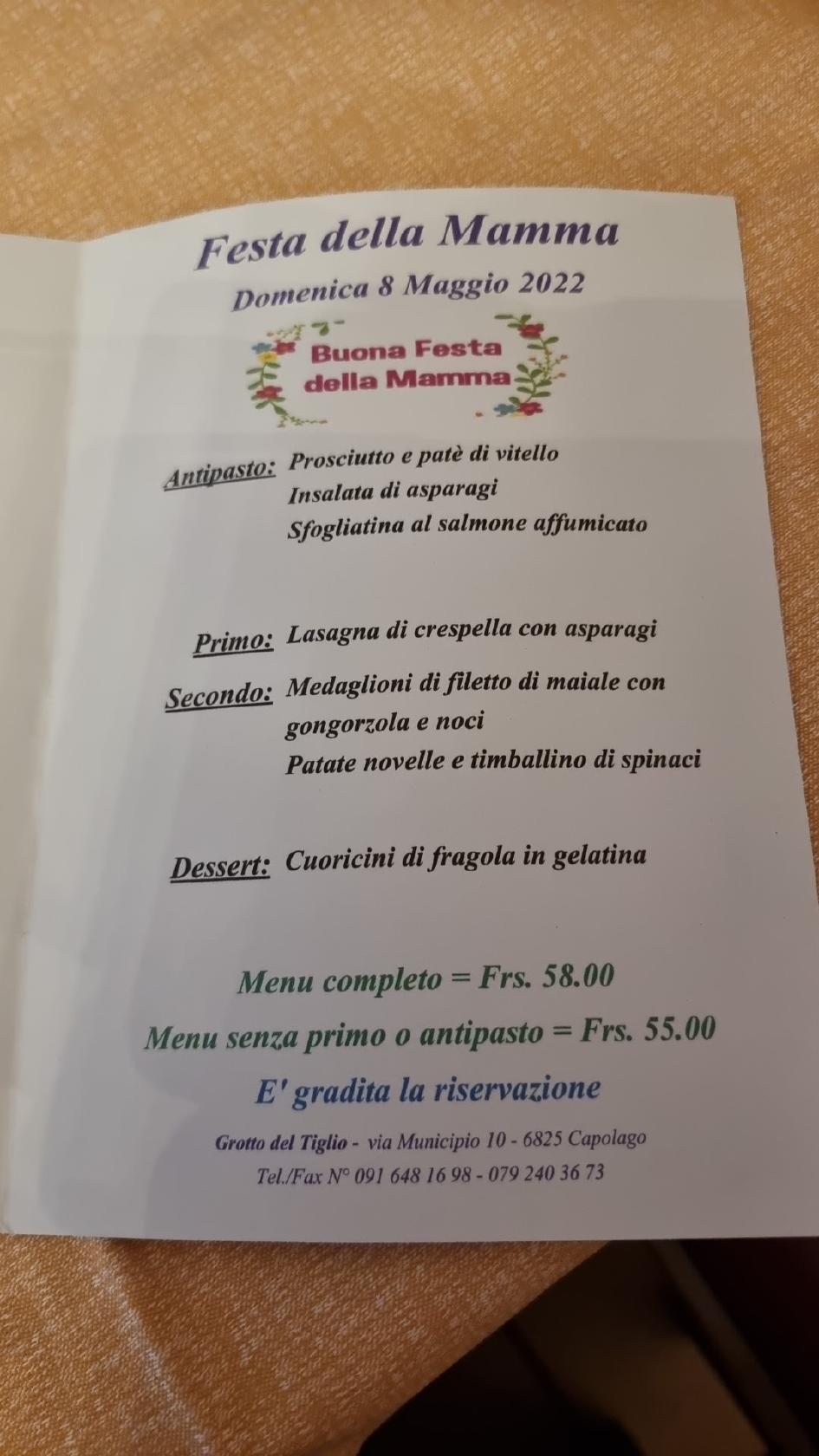 Menu at Grotto del Tiglio, Capolago