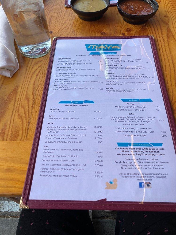 Menu at Maya Restaurant, Sonoma