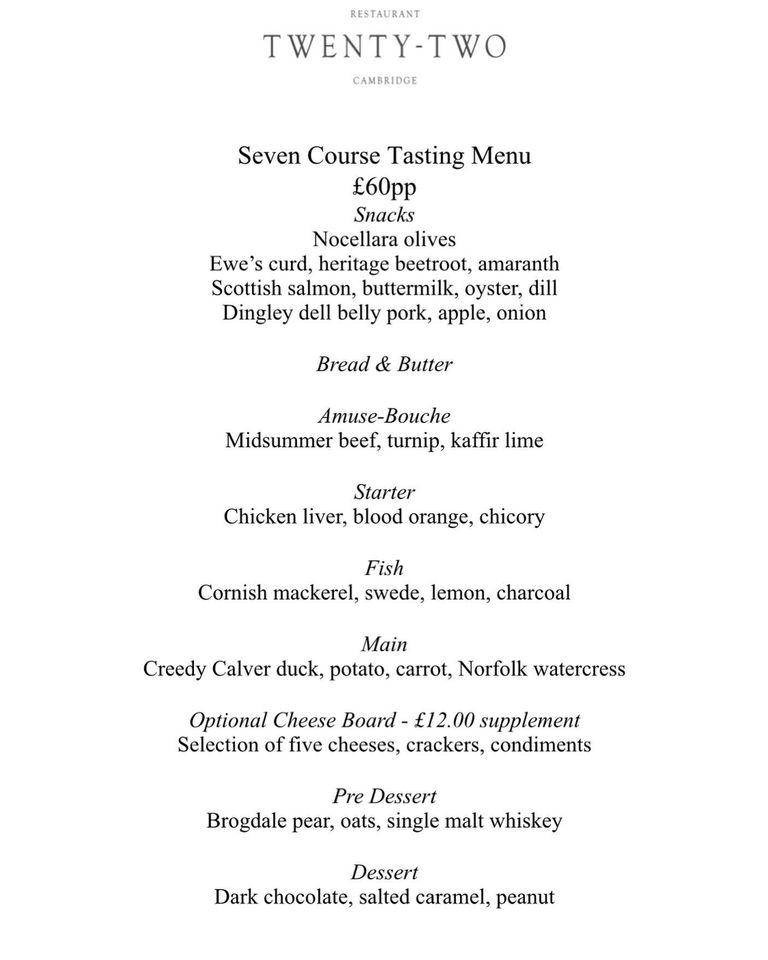 Menu at Restaurant Twenty Two, Cambridge