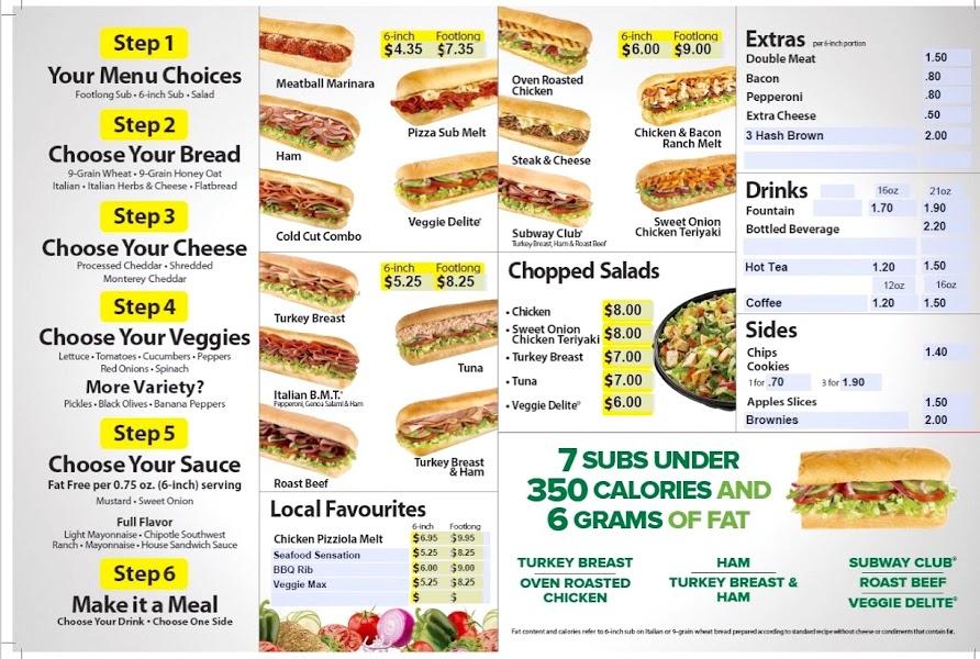 Menu au Subway fast food, Montréal, Rue Notre-Dame Ouest
