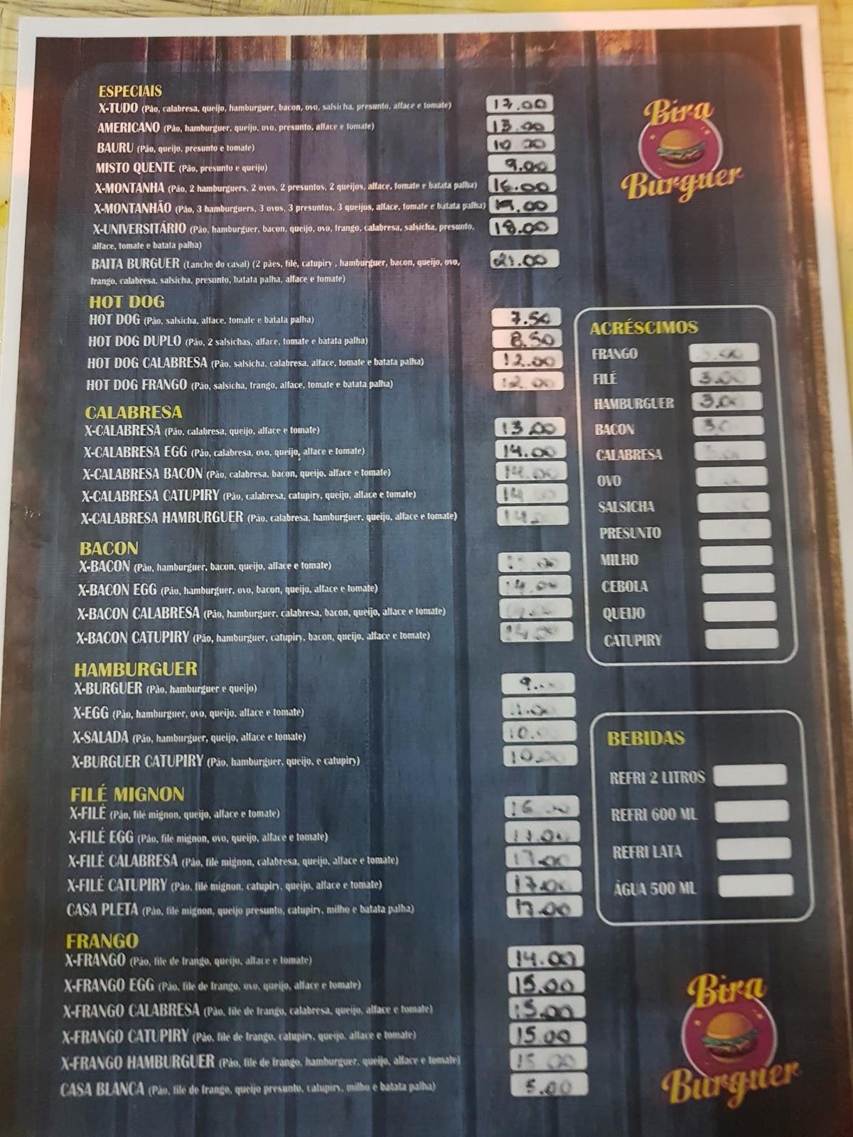 Menu at Bira Burger restaurant, Presidente Prudente