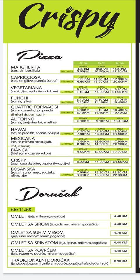 Menu at Crispy restaurant, Sarajevo