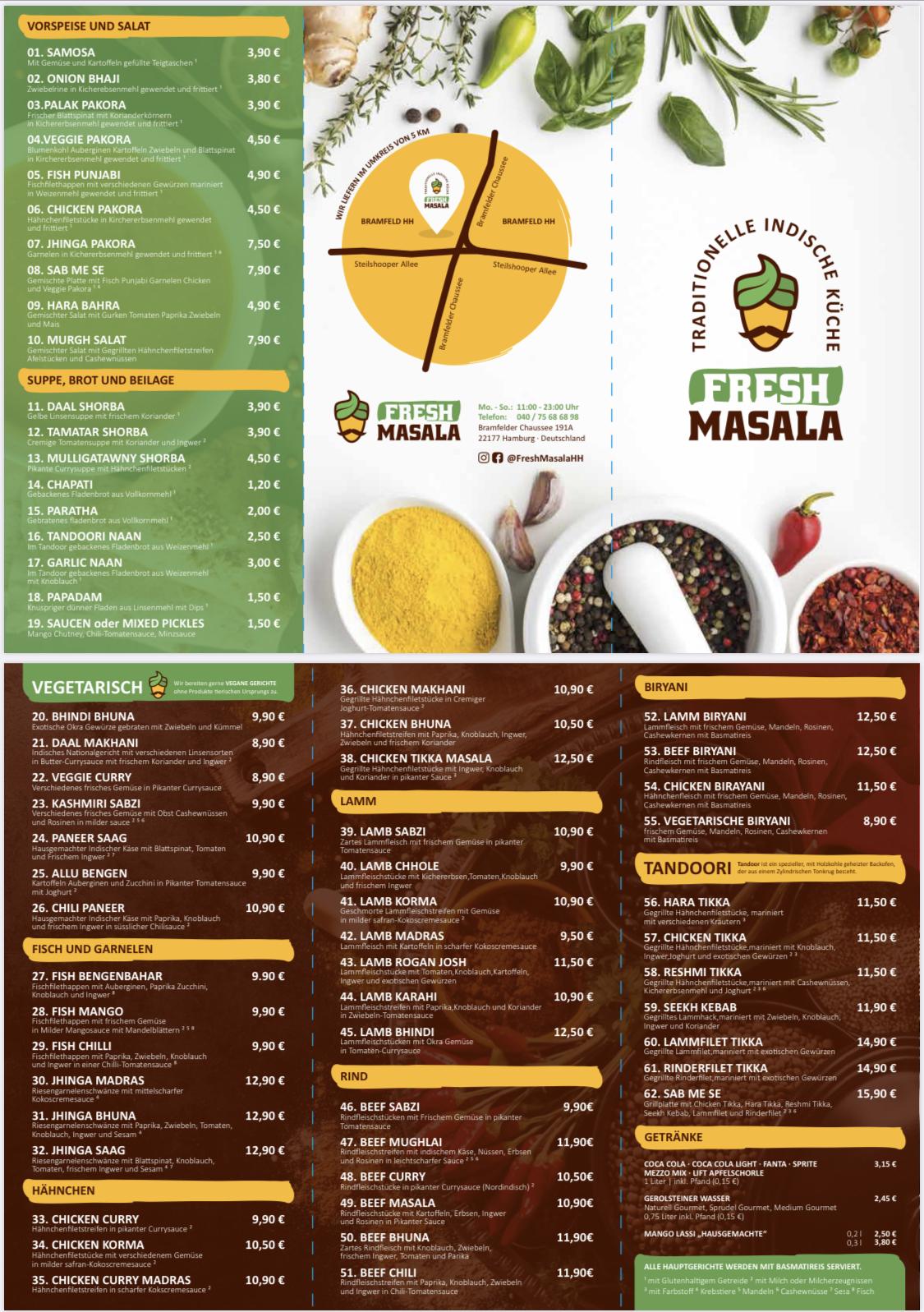 Menu at Fresh Masala restaurant, Hamburg