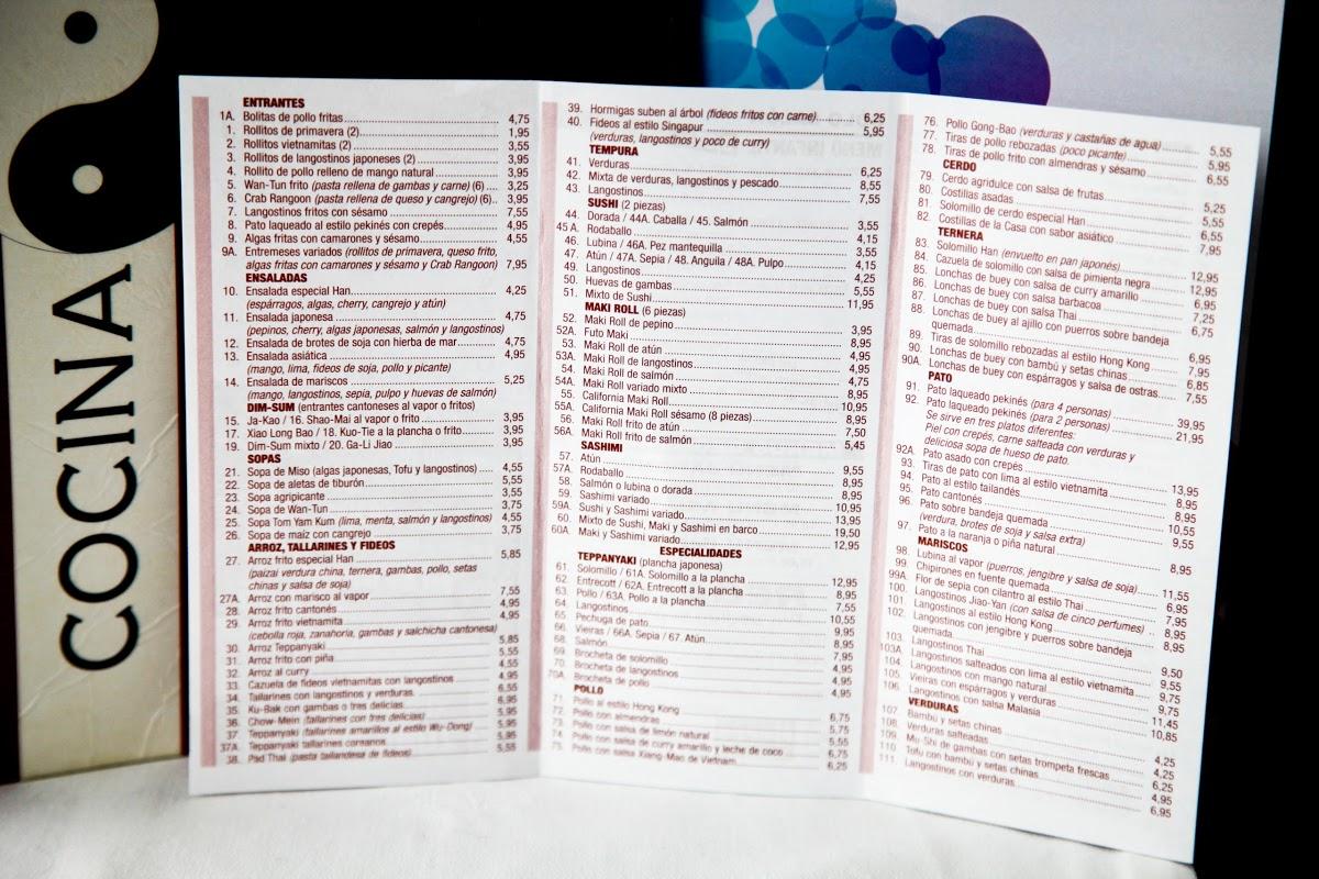 Menu at Han restaurant, Pinto