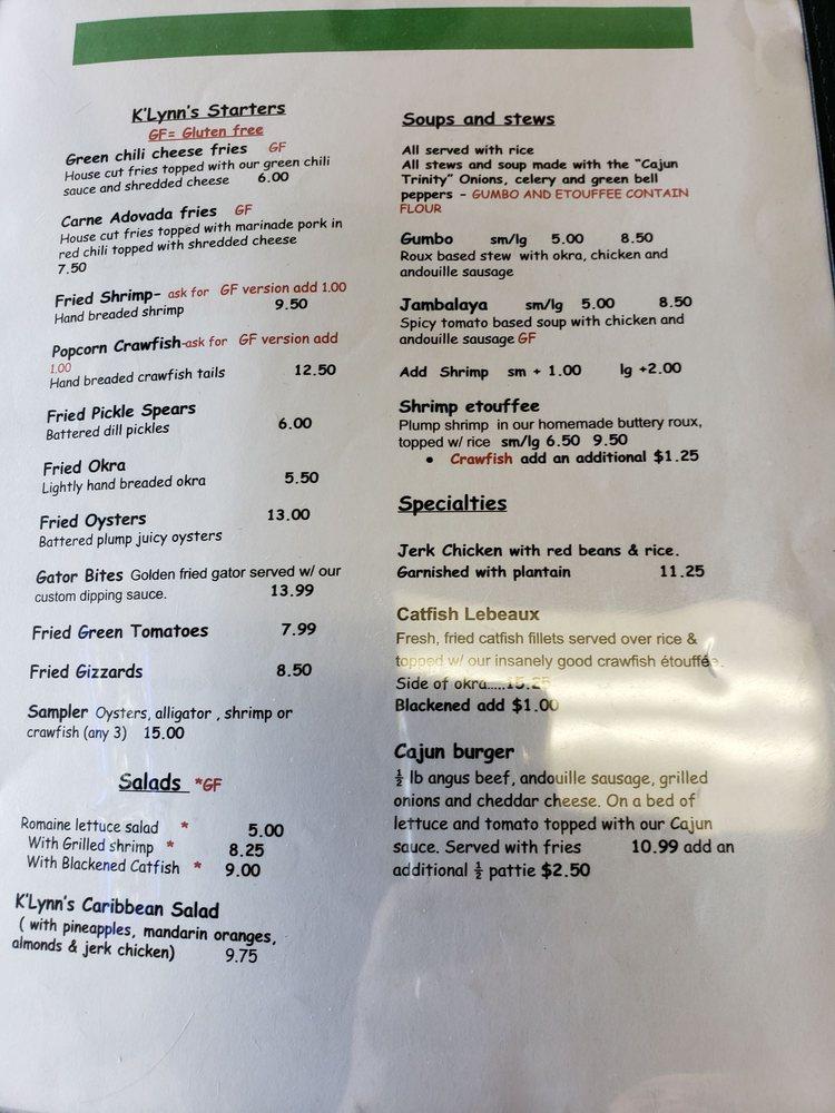 Menu at K'Lynn's Southern & Cajun Fusion restaurant, Rio Rancho