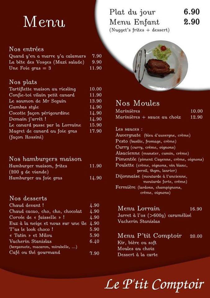 Menu at Le P'tit Comptoir restaurant, Nancy