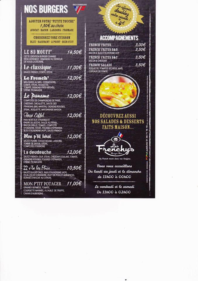 Menu au Les Frenchy's restaurant, Paris