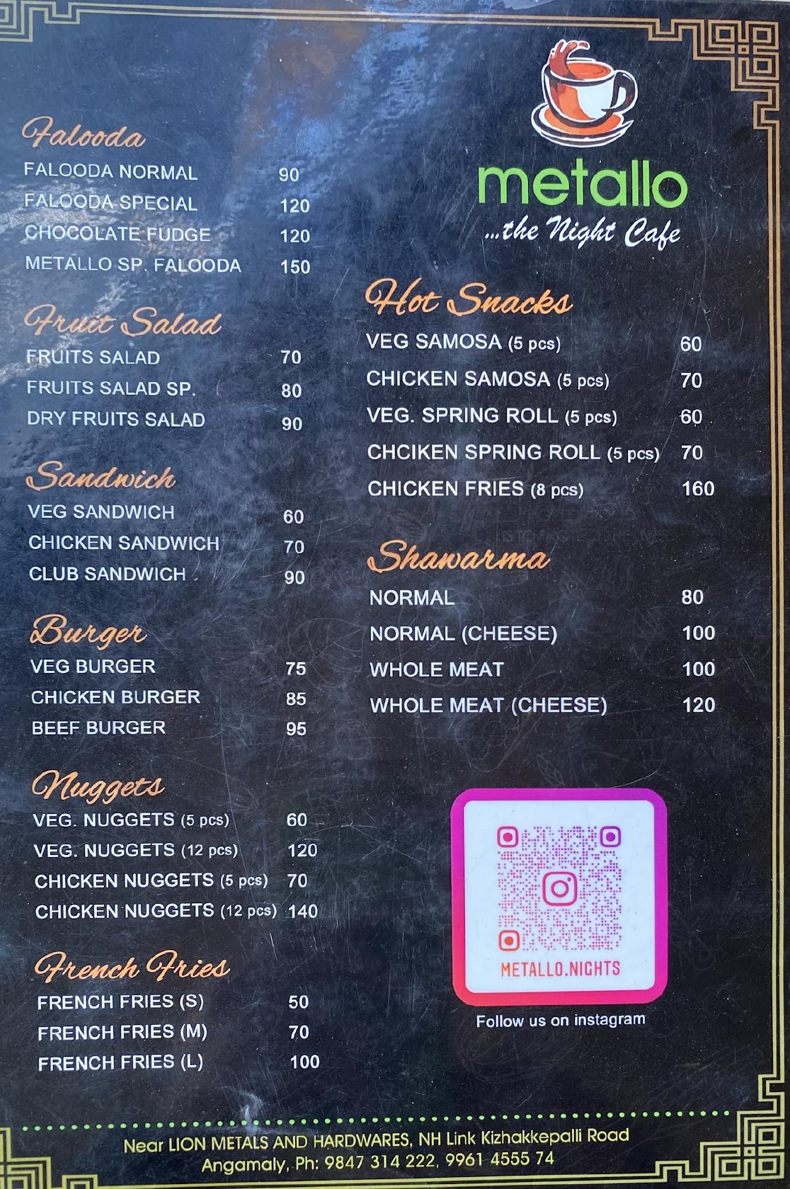 Menu at Metallo, The Night Café, Angamaly