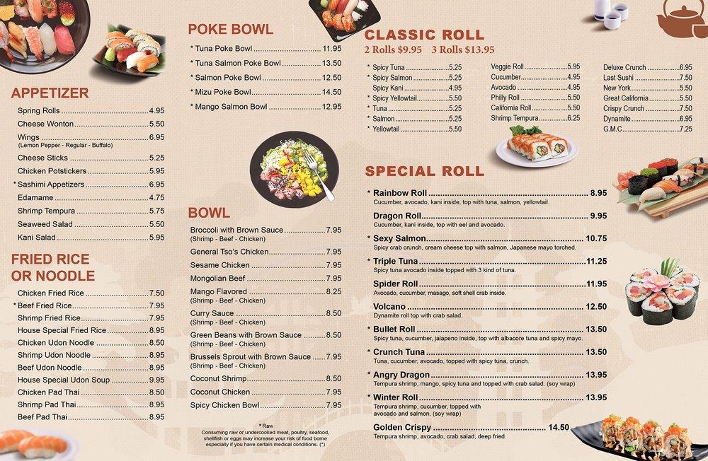 Menu at Mizu Sushi & Hibachi restaurant, North Charleston