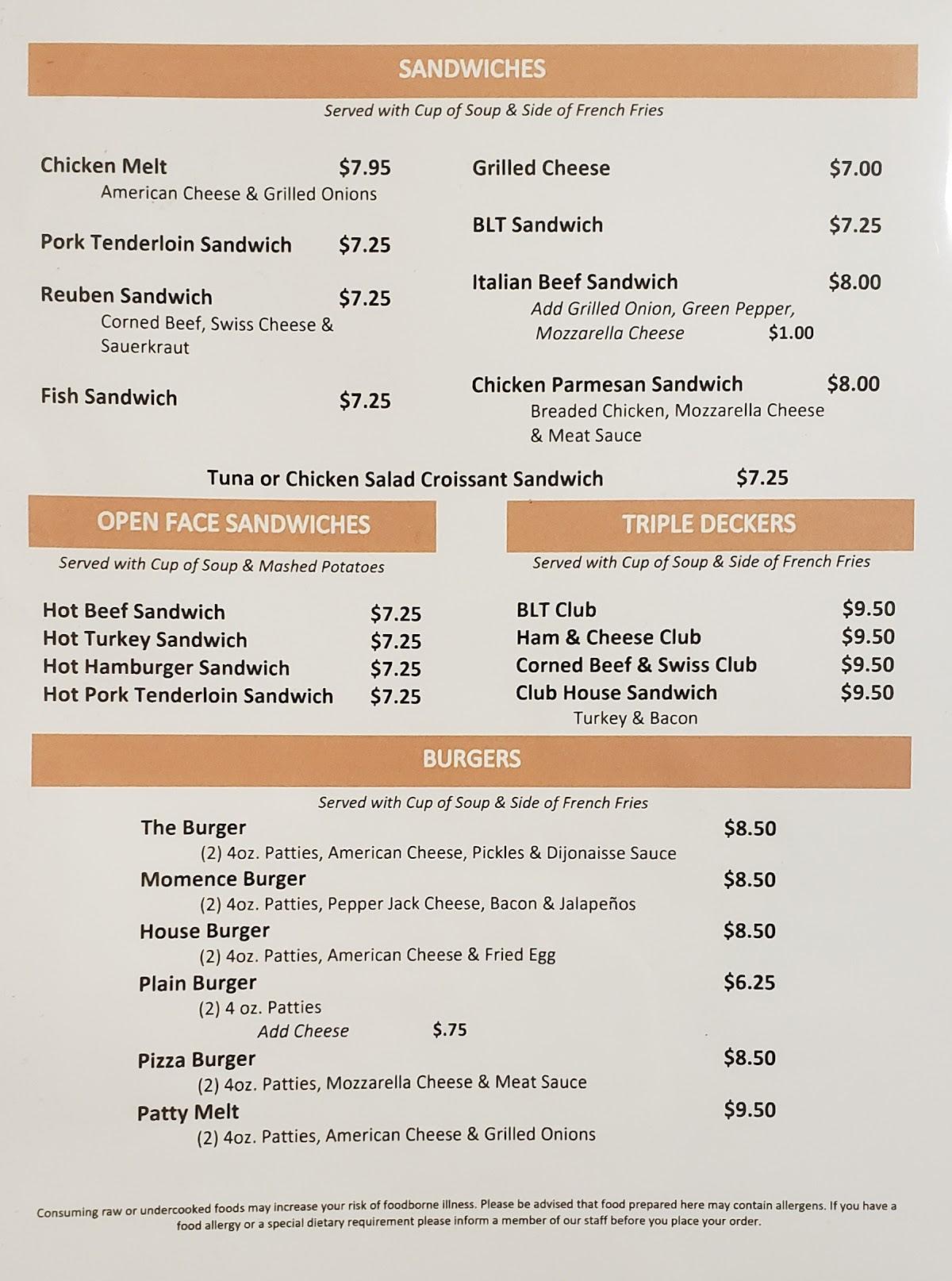 Carta de Momence Cafe, Momence