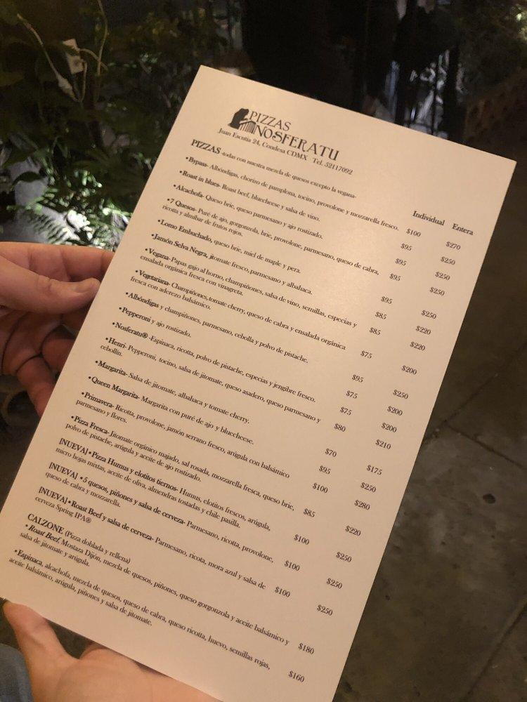 Menu at Nosferatu pizzeria, Ciudad López Mateos, Calle Juan Escutia 24 ...