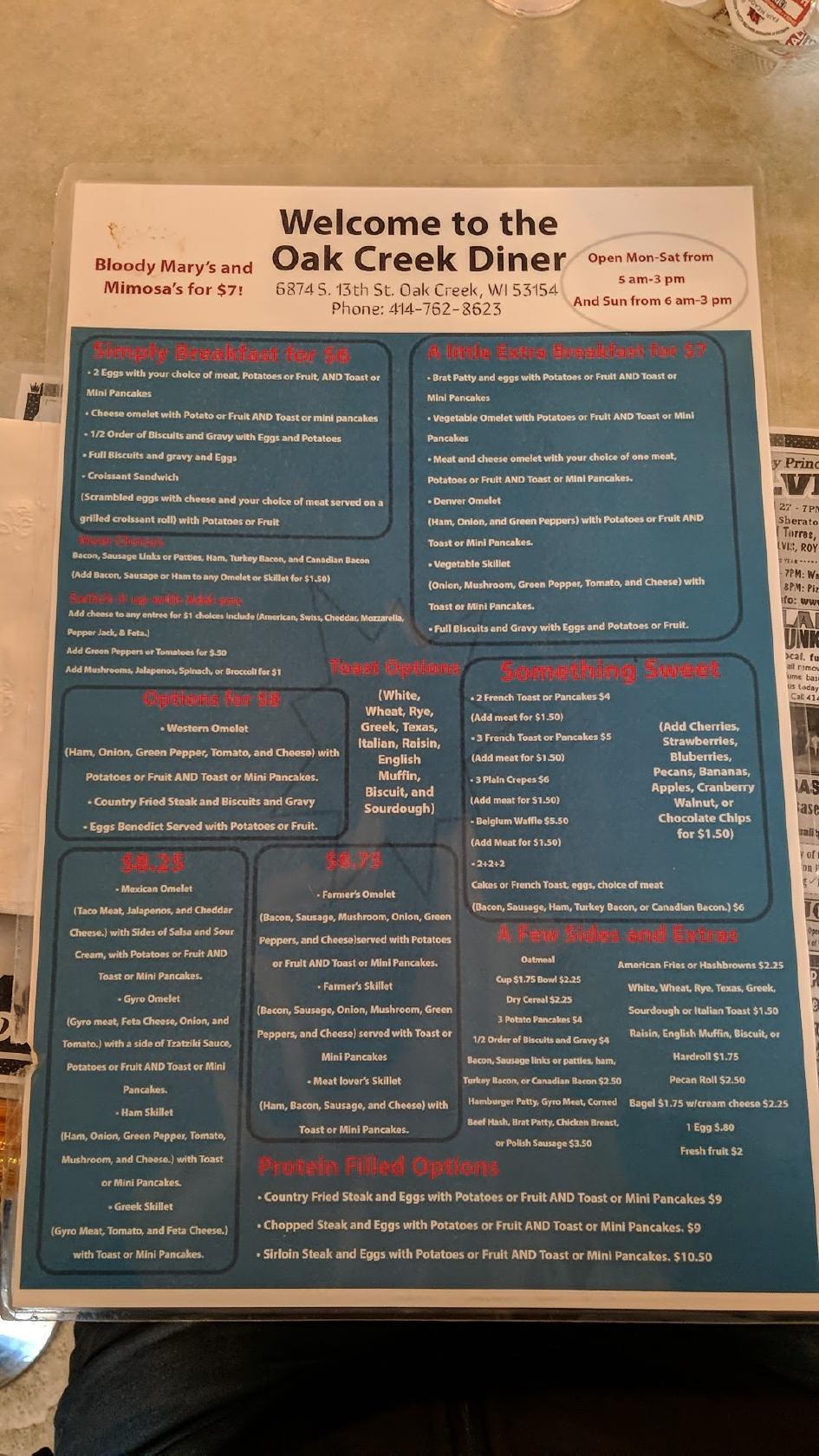 Menu at Oak Creek Diner restaurant, Oak Creek