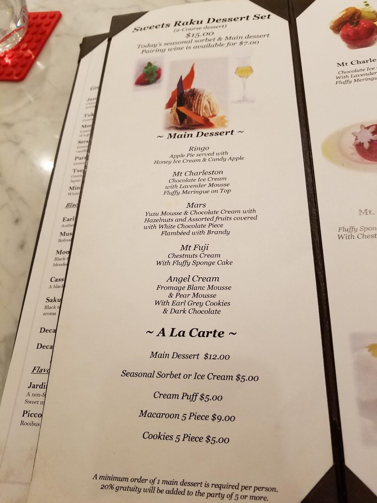 Menu at Raku restaurant, Las Vegas